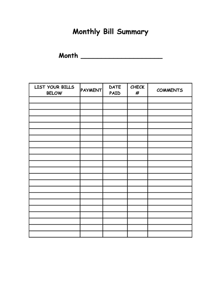 Blank Monthly Bill Payment Worksheets Printable | Ronald Worksheets