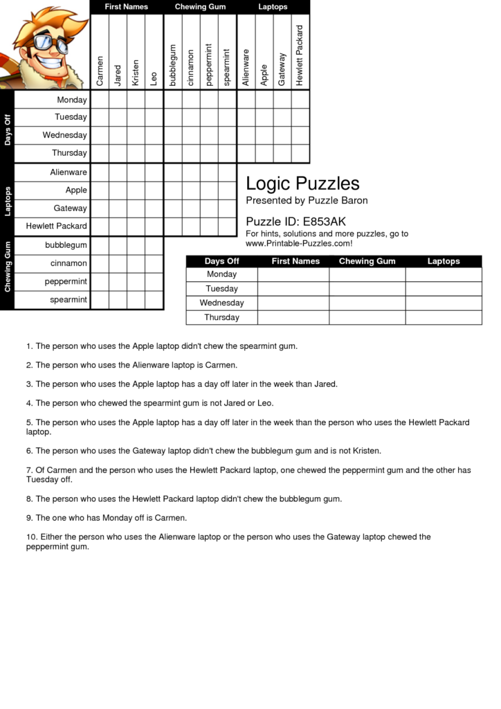 Free Printable Logic Puzzle Worksheets | Ronald Worksheets