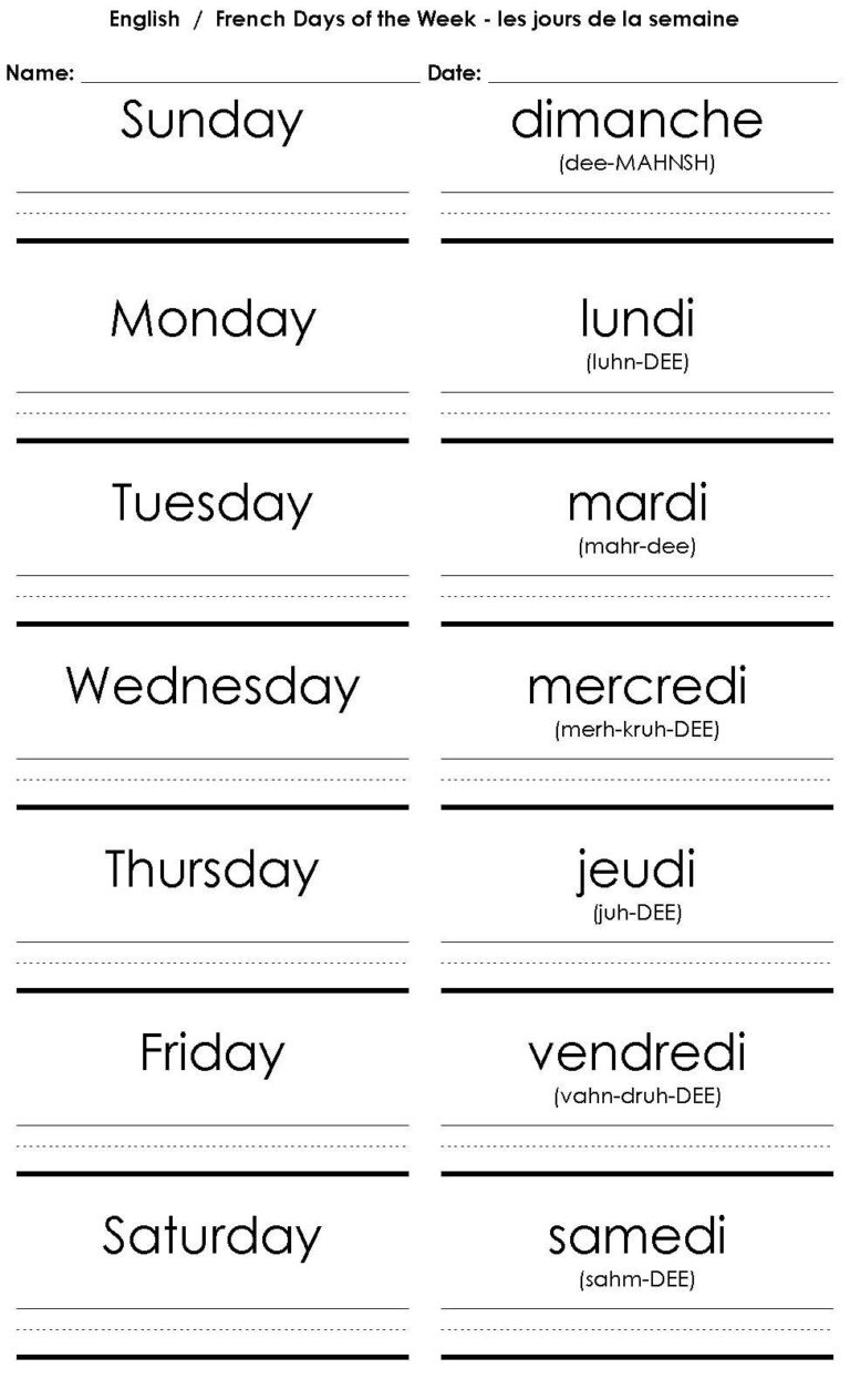 French Days Of The Week Worksheets Printable | Ronald Worksheets