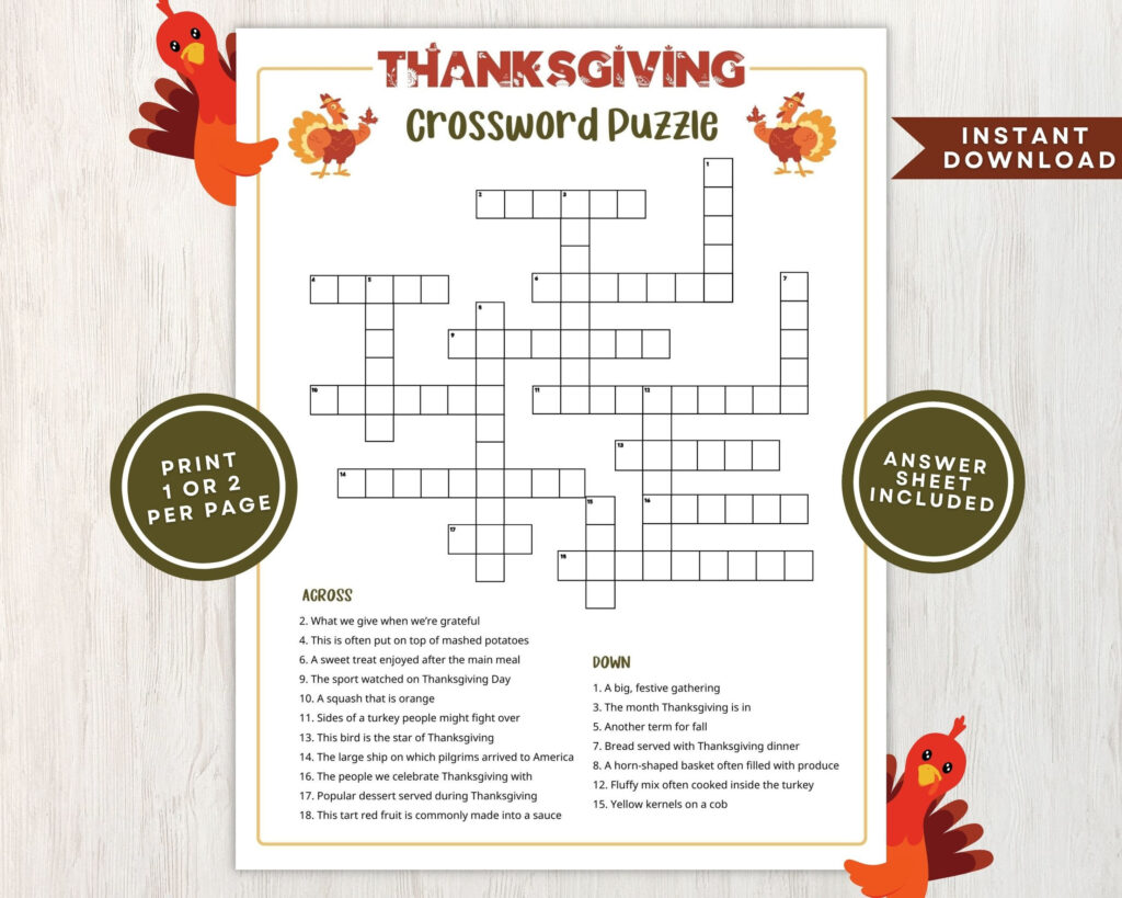 Thanksgiving Crossword Puzzle Worksheet Answer Key | Ronald Worksheets